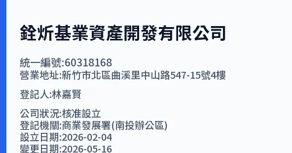 銓炘基業資產開發有限公司的照片-統編 60318168(新竹市) 公司登記資料與營業項目詳細圖表