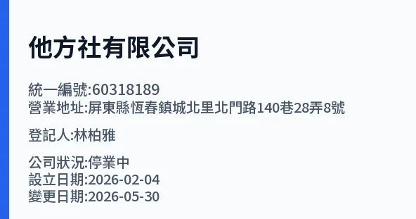 他方社有限公司的照片-統編 60318189(屏東縣) 公司登記資料與營業項目詳細圖表