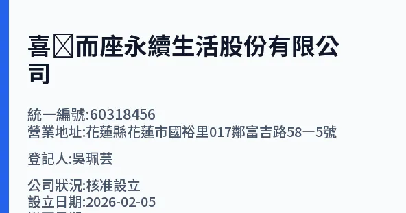 喜埊而座永續生活股份有限公司的照片-統編 60318456(花蓮縣) 公司登記資料與營業項目詳細圖表