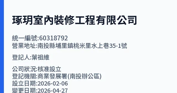 琢玥室內裝修工程有限公司的照片-統編 60318792(南投縣) 公司登記資料與營業項目詳細圖表