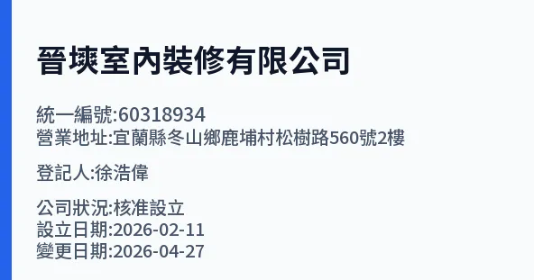 晉塽室內裝修有限公司的照片-統編 60318934(宜蘭縣) 公司登記資料與營業項目詳細圖表
