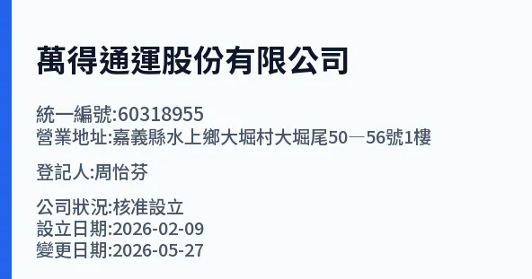 萬得通運股份有限公司的照片-統編 60318955(嘉義縣) 公司登記資料與營業項目詳細圖表