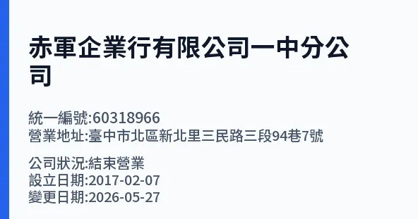 赤軍企業行有限公司一中分公司的照片-統編 60318966(臺中市) 公司登記資料與營業項目詳細圖表