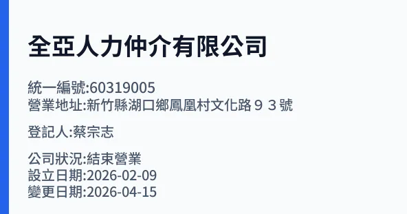全亞人力仲介有限公司的照片-統編 60319005(新竹縣) 公司登記資料與營業項目詳細圖表