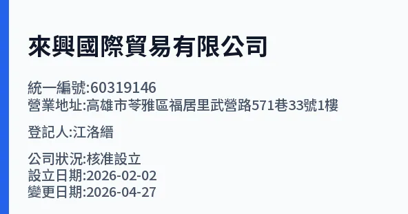 來興國際貿易有限公司的照片-統編 60319146(高雄市) 公司登記資料與營業項目詳細圖表