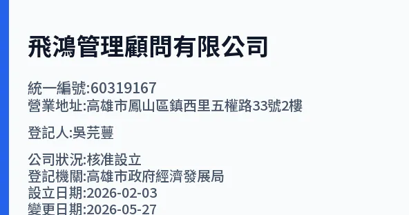 飛鴻管理顧問有限公司的照片-統編 60319167(高雄市) 公司登記資料與營業項目詳細圖表
