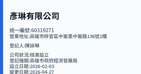 彥琳有限公司的照片-統編 60319271(高雄市) 公司登記資料與營業項目詳細圖表