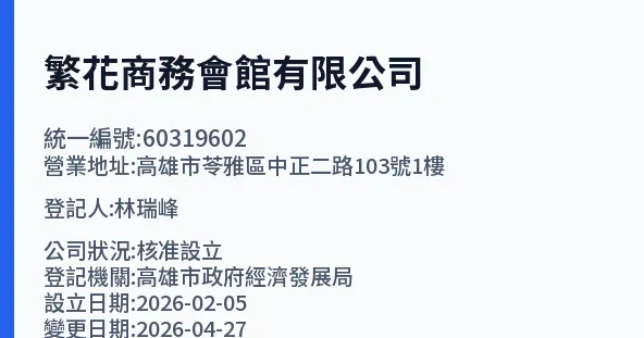 繁花商務會館有限公司的照片-統編 60319602(高雄市) 公司登記資料與營業項目詳細圖表
