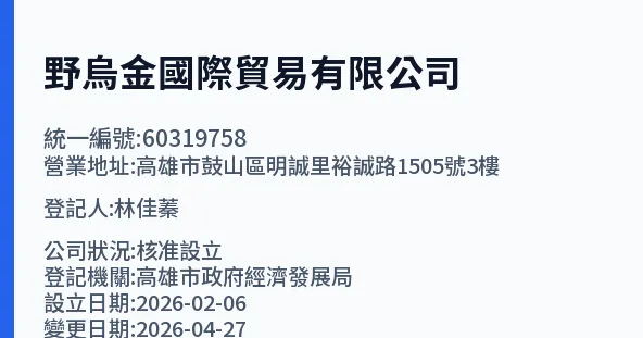 野烏金國際貿易有限公司的照片-統編 60319758(高雄市) 公司登記資料與營業項目詳細圖表