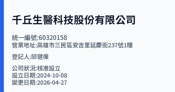 千丘生醫科技股份有限公司的照片-統編 60320158(高雄市) 公司登記資料與營業項目詳細圖表