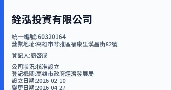 銓泓投資有限公司的照片-統編 60320164(高雄市) 公司登記資料與營業項目詳細圖表