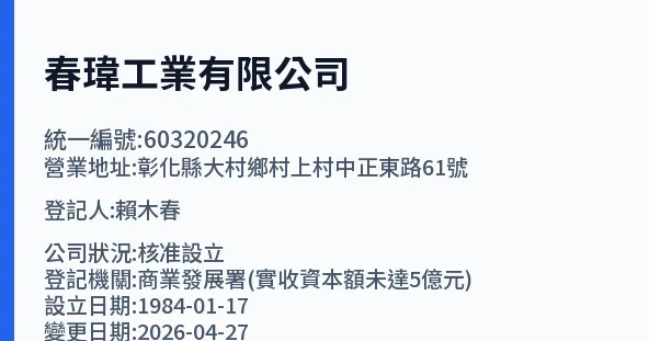 春瑋工業有限公司的照片-統編 60320246(彰化縣) 公司登記資料與營業項目詳細圖表