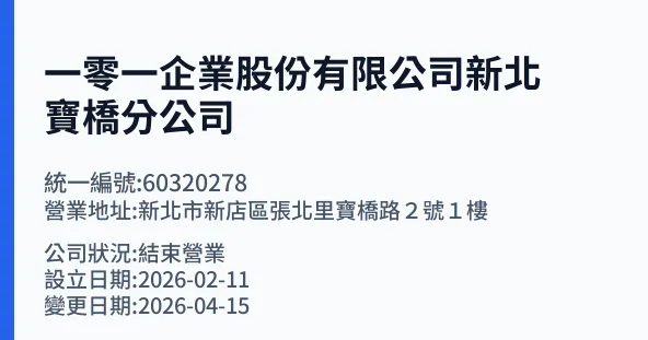 一零一企業股份有限公司新北寶橋分公司的照片-統編 60320278(新北市) 公司登記資料與營業項目詳細圖表