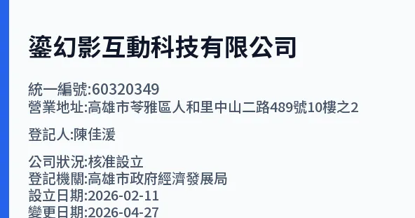 鎏幻影互動科技有限公司的照片-統編 60320349(高雄市) 公司登記資料與營業項目詳細圖表