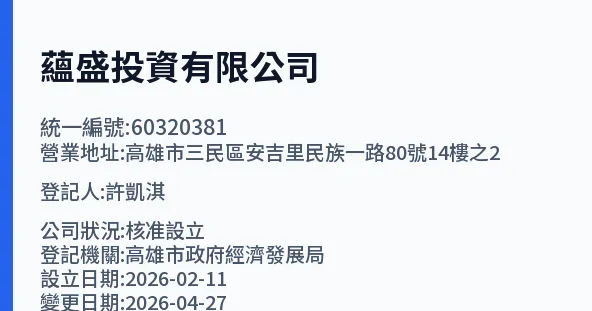 蘊盛投資有限公司的照片-統編 60320381(高雄市) 公司登記資料與營業項目詳細圖表