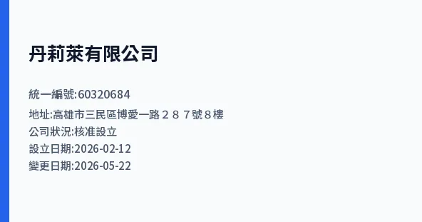 丹莉萊有限公司的照片-統編 60320684(高雄市) 公司登記資料與營業項目詳細圖表
