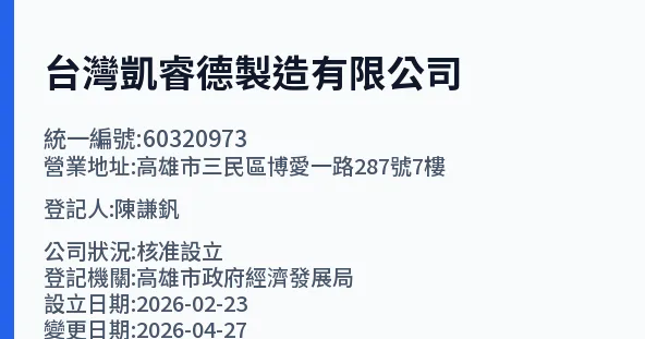 台灣凱睿德製造有限公司的照片-統編 60320973(高雄市) 公司登記資料與營業項目詳細圖表