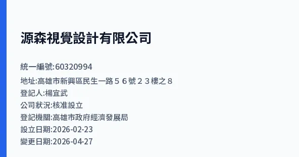 源森視覺設計有限公司的照片-統編 60320994(高雄市) 公司登記資料與營業項目詳細圖表
