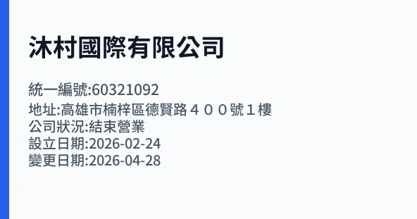 沐村國際有限公司的照片-統編 60321092(高雄市) 公司登記資料與營業項目詳細圖表