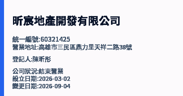 昕宸地產開發有限公司的照片-統編 60321425 公司登記資料與營業項目詳細圖表