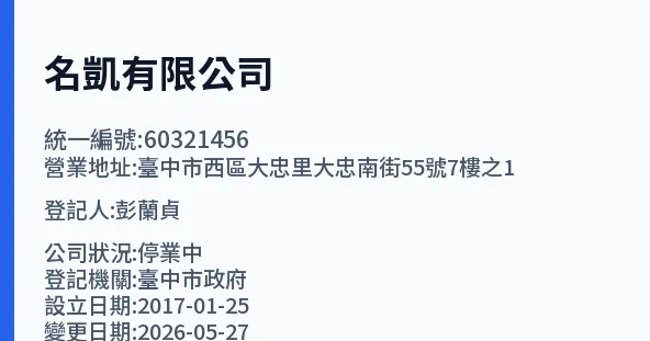 名凱有限公司的照片-統編 60321456(臺中市) 公司登記資料與營業項目詳細圖表