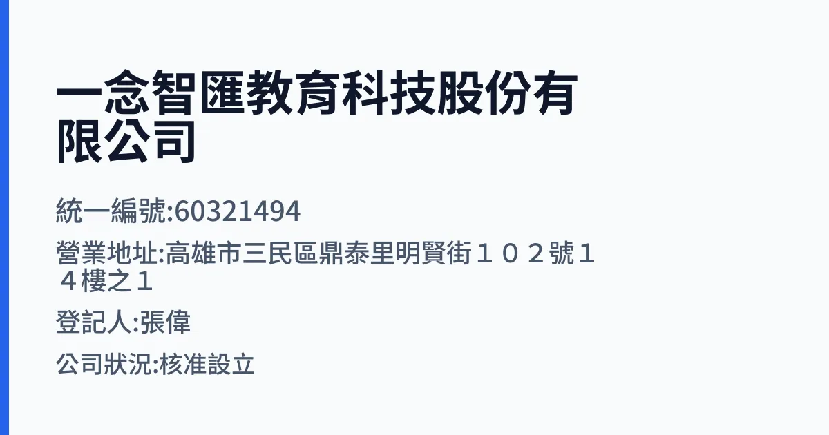 一念智匯教育科技股份有限公司 - 統編 60321494(高雄市) 公司登記資料與營業項目詳細圖表