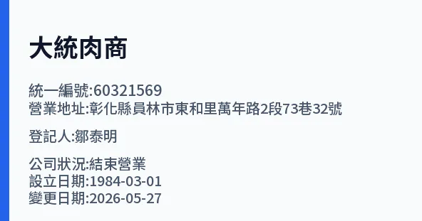 大統肉商的照片-統編 60321569(彰化縣) 公司登記資料與營業項目詳細圖表
