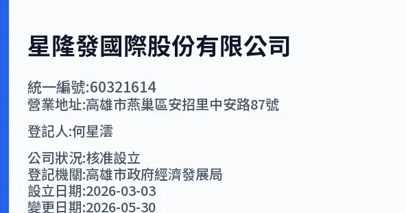 星隆發國際股份有限公司的照片-統編 60321614(高雄市) 公司登記資料與營業項目詳細圖表