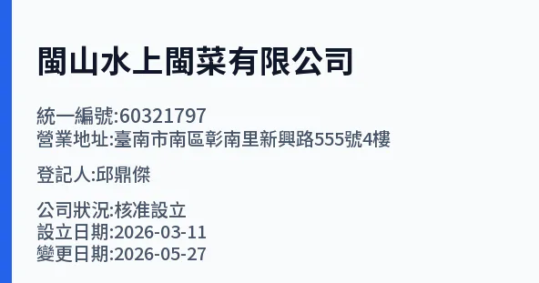 閩山水上閩菜有限公司的照片-統編 60321797(臺南市) 公司登記資料與營業項目詳細圖表