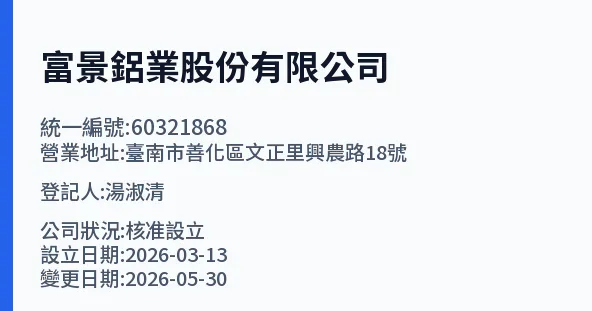 富景鋁業股份有限公司的照片-統編 60321868(臺南市) 公司登記資料與營業項目詳細圖表