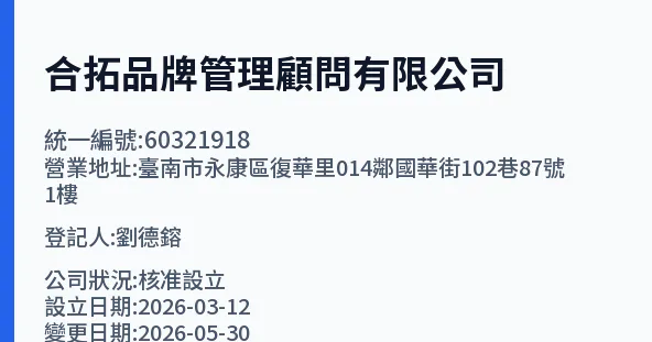 合拓品牌管理顧問有限公司的照片-統編 60321918(臺南市) 公司登記資料與營業項目詳細圖表