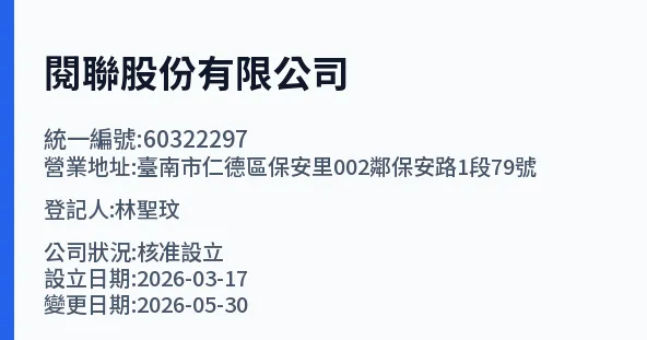 閱聯股份有限公司的照片-統編 60322297(臺南市) 公司登記資料與營業項目詳細圖表