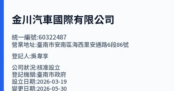 金川汽車國際有限公司的照片-統編 60322487(臺南市) 公司登記資料與營業項目詳細圖表