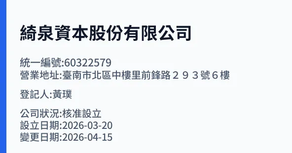 綺泉資本股份有限公司的照片-統編 60322579(臺南市) 公司登記資料與營業項目詳細圖表
