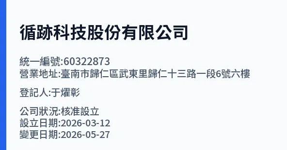 循跡科技股份有限公司的照片-統編 60322873(臺南市) 公司登記資料與營業項目詳細圖表