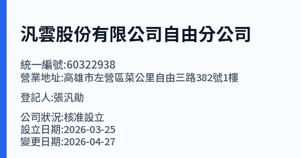 汎雲股份有限公司自由分公司的照片-統編 60322938(高雄市) 公司登記資料與營業項目詳細圖表