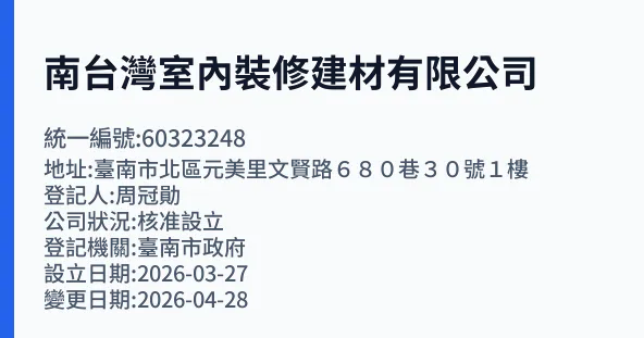 南台灣室內裝修建材有限公司的照片-統編 60323248(臺南市) 公司登記資料與營業項目詳細圖表