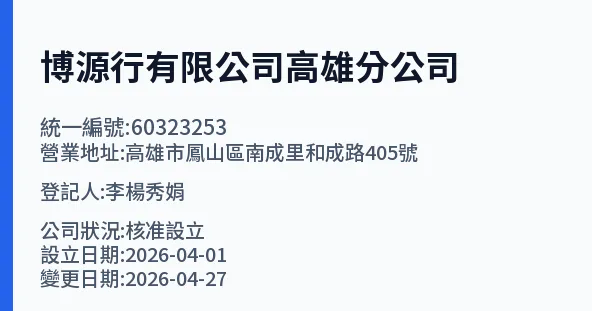 博源行有限公司高雄分公司的照片-統編 60323253(高雄市) 公司登記資料與營業項目詳細圖表