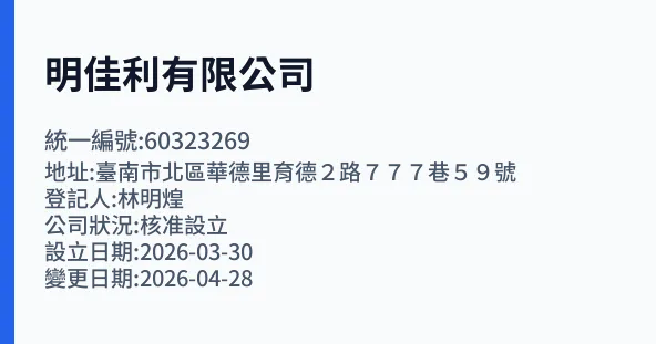 明佳利有限公司的照片-統編 60323269(臺南市) 公司登記資料與營業項目詳細圖表