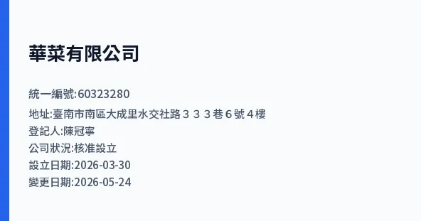 華菜有限公司的照片-統編 60323280(臺南市) 公司登記資料與營業項目詳細圖表