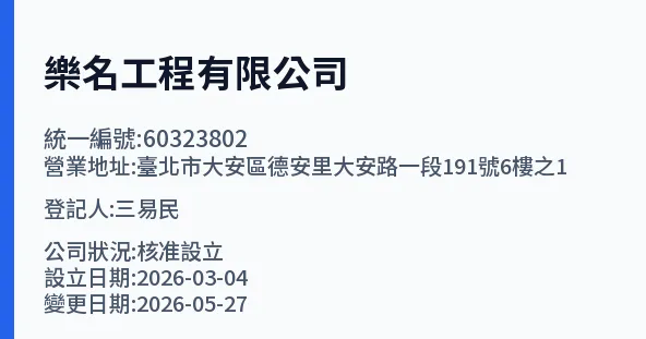 樂名工程有限公司的照片-統編 60323802(臺北市) 公司登記資料與營業項目詳細圖表