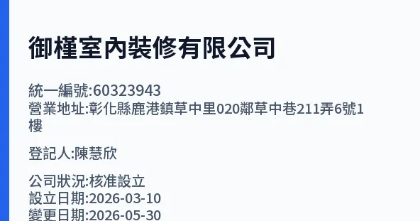 御槿室內裝修有限公司的照片-統編 60323943(彰化縣) 公司登記資料與營業項目詳細圖表
