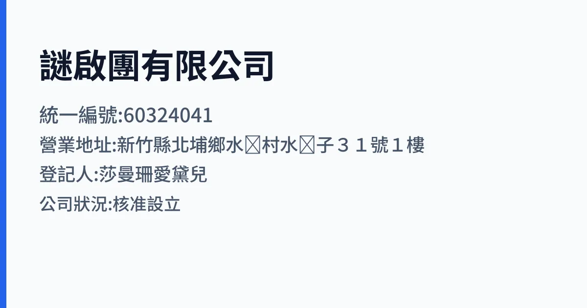 謎啟團有限公司 - 統編 60324041(新竹縣) 公司登記資料與營業項目詳細圖表