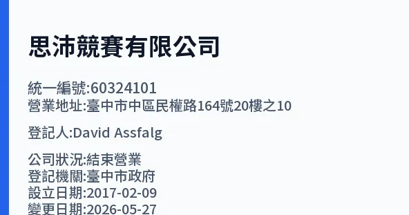 思沛競賽有限公司的照片-統編 60324101(臺中市) 公司登記資料與營業項目詳細圖表