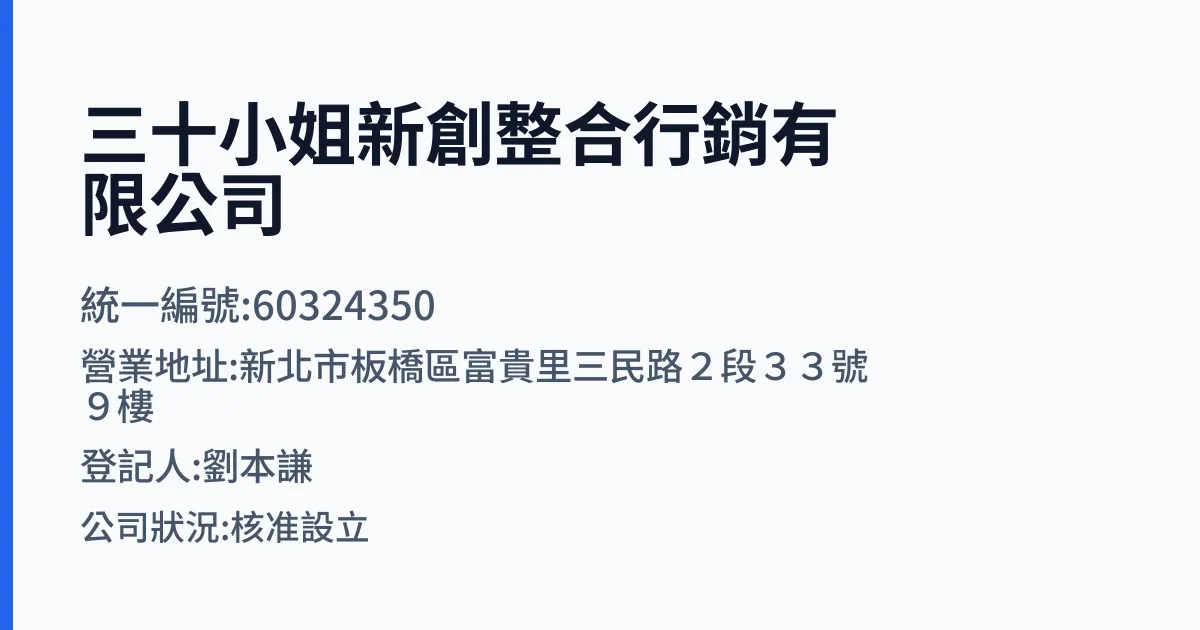 三十小姐新創整合行銷有限公司 - 統編 60324350(新北市) 公司登記資料與營業項目詳細圖表