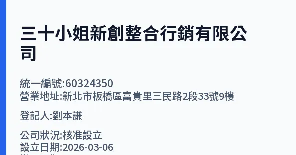 三十小姐新創整合行銷有限公司的照片-統編 60324350(新北市) 公司登記資料與營業項目詳細圖表