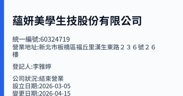 蘊妍美學生技股份有限公司的照片-統編 60324719(新北市) 公司登記資料與營業項目詳細圖表