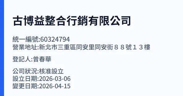 古博益整合行銷有限公司的照片-統編 60324794(新北市) 公司登記資料與營業項目詳細圖表