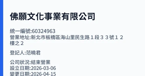 佛願文化事業有限公司的照片-統編 60324963(新北市) 公司登記資料與營業項目詳細圖表