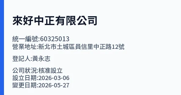來好中正有限公司的照片-統編 60325013(新北市) 公司登記資料與營業項目詳細圖表